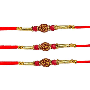 ZYRENA Set of 3 OM Rakhi for Brother Bhaiya Bhabhi, Gift Rakhi for Family, Raksha Bandhan Festival Rakhi for Bhaiya and Bhabhi, Oval Om Pendant with Rudraksha and Golden Beads Rakhi Thread