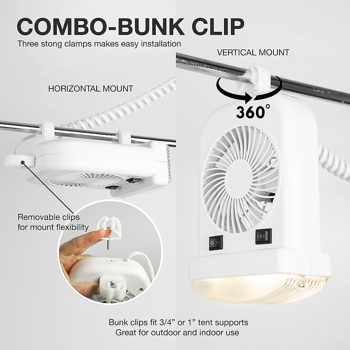 Lumitronics RV Portable 12V LED Interior Bunk Light and 2-Speed Personal Fan Combo - Quiet Motor - Reading Light with Extendable 8-Foot Cord - On/Off Switch - Mounting Brackets Included