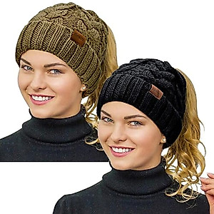 Rosoz Ponytail Beanie for Women,Winter Warm Beanie Tail Soft Stretch Cable Knit Messy High Bun Hat