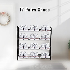 YSSOA 4-Tier Stackable Shoe Rack, 12-Pairs Sturdy Shoe Shelf Storage, Black Shoe Tower for Bedroom, Entryway, Hallway, and Closet