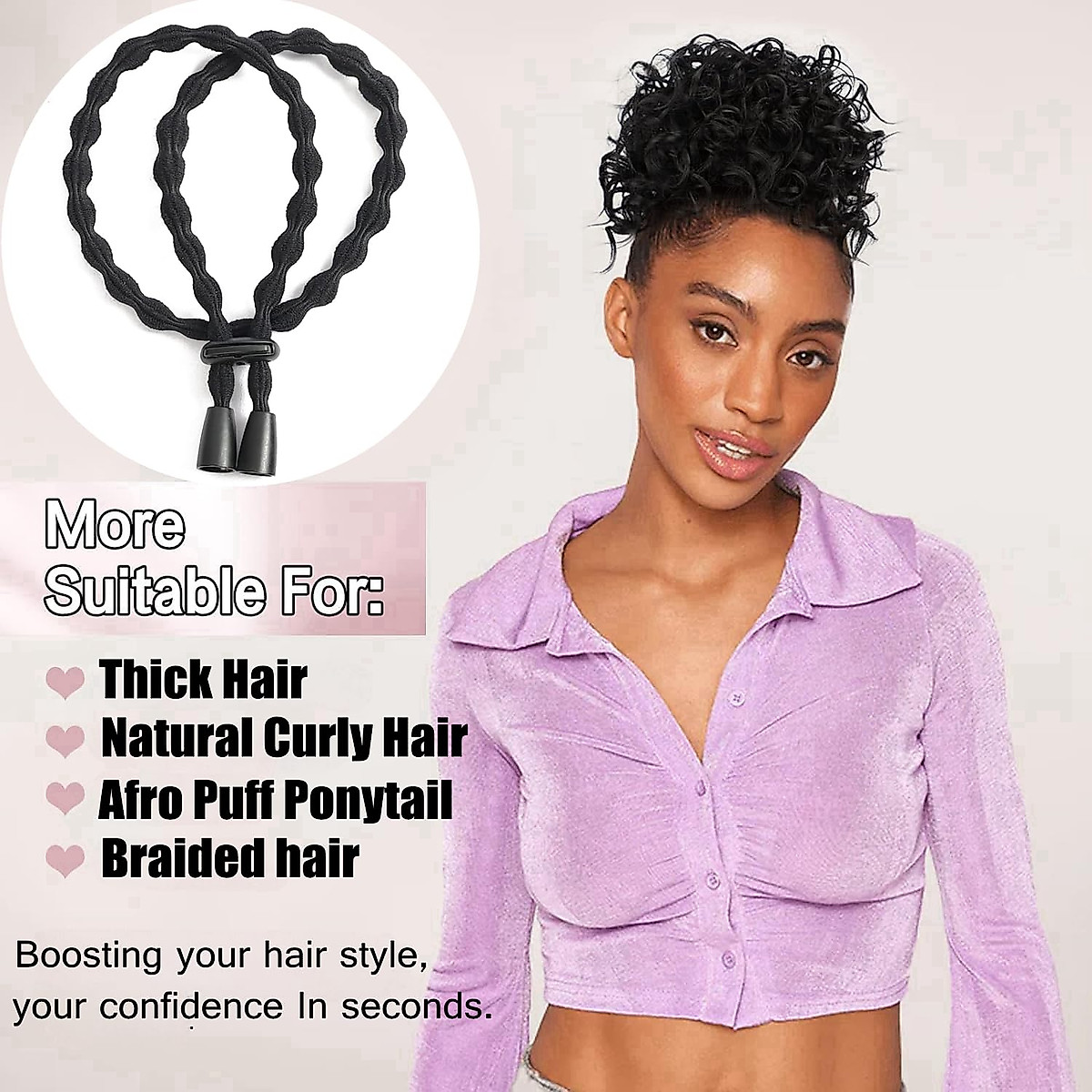 FEEZENT Afro Puff Drawstring Ponytail Ties Adjustable Length Hairband for Short Kinky Curly Hair Bun Hair Ties for Afro Long Cushioned Headband Ties for Women with Thick, No-Slip Design (A-Black-5PCS)