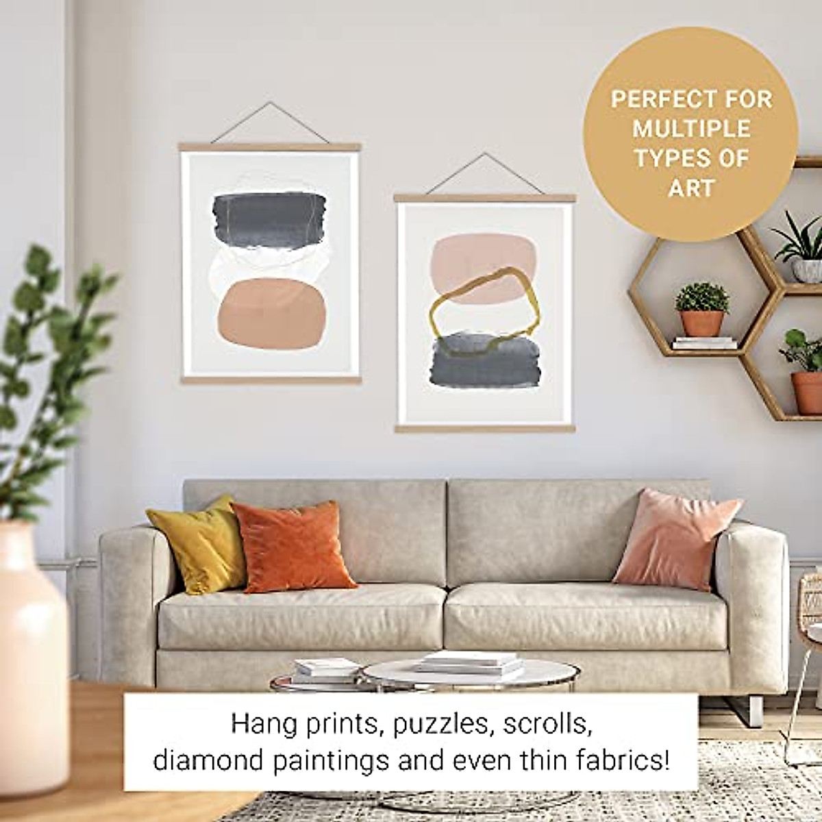 PosterMate Magnetic Poster Frame Hanger, 16 inch, 20 inch, 24 inch, Birchwood, Hang Canvas Print Artwork Wall Poster Frame Wood Wooden Magnet Print Posters Dowel Scroll Hanger Hangers Hanging Kit for Walls Map Canvas Artwork