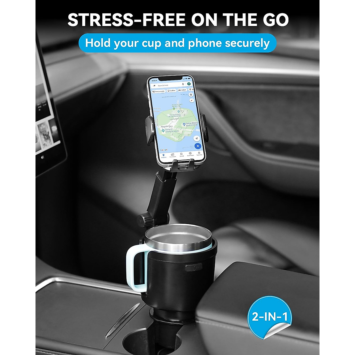 ENQINN Cup Holder Phone Mount for Car with Expandable Base, 2-in-1 Adjustable Cup Cellphone Holder Mount Compatible with iPhone Samsung Pixel and All Smartphones and Other Bottles Mugs in 3.4"-4.0"