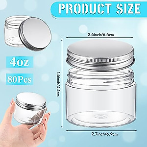 Dandat 80 Pcs 4 oz Clear Plastic Jars Containers Refillable Plastic Slime Storage Containers with Screw Round Plastic Jars with Lids Empty Food Jars Canisters for Kitchen Household Storage, Silver