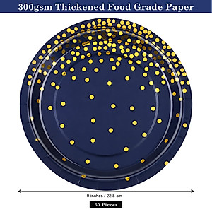 Aneco 60 Pieces 9 Inches Disposable Paper Plates Blue and Gold Foil Dot Dessert Plates Round Paper Plates for Wedding Bridal Shower Birthday Party Decorations