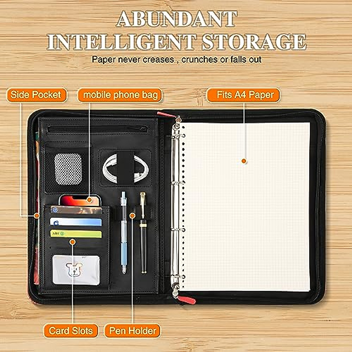 GXaryFulin Padfolio Organizer, PU Leather Planner, 4 O-Rings Zipper Binder (Red Brown)