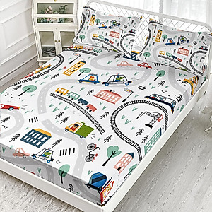 AILONEN Construction Fitted Sheet Set Full Size, Cartoon Cars Fitted Sheet,Equipment Truck Sheets Set for Boys Kids, 1 Fitted Sheet and 2 Pillowcases