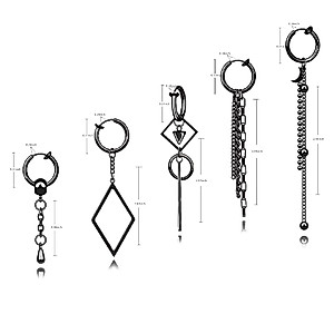 EFORPAD 5Pcs Clip On Earrings Non Piercing Fake Earrings Hoop Dangle Earrings for Men Women Stainless Steel Dangle Hoop Earrings Long Chain Pendant Earrings (Black)