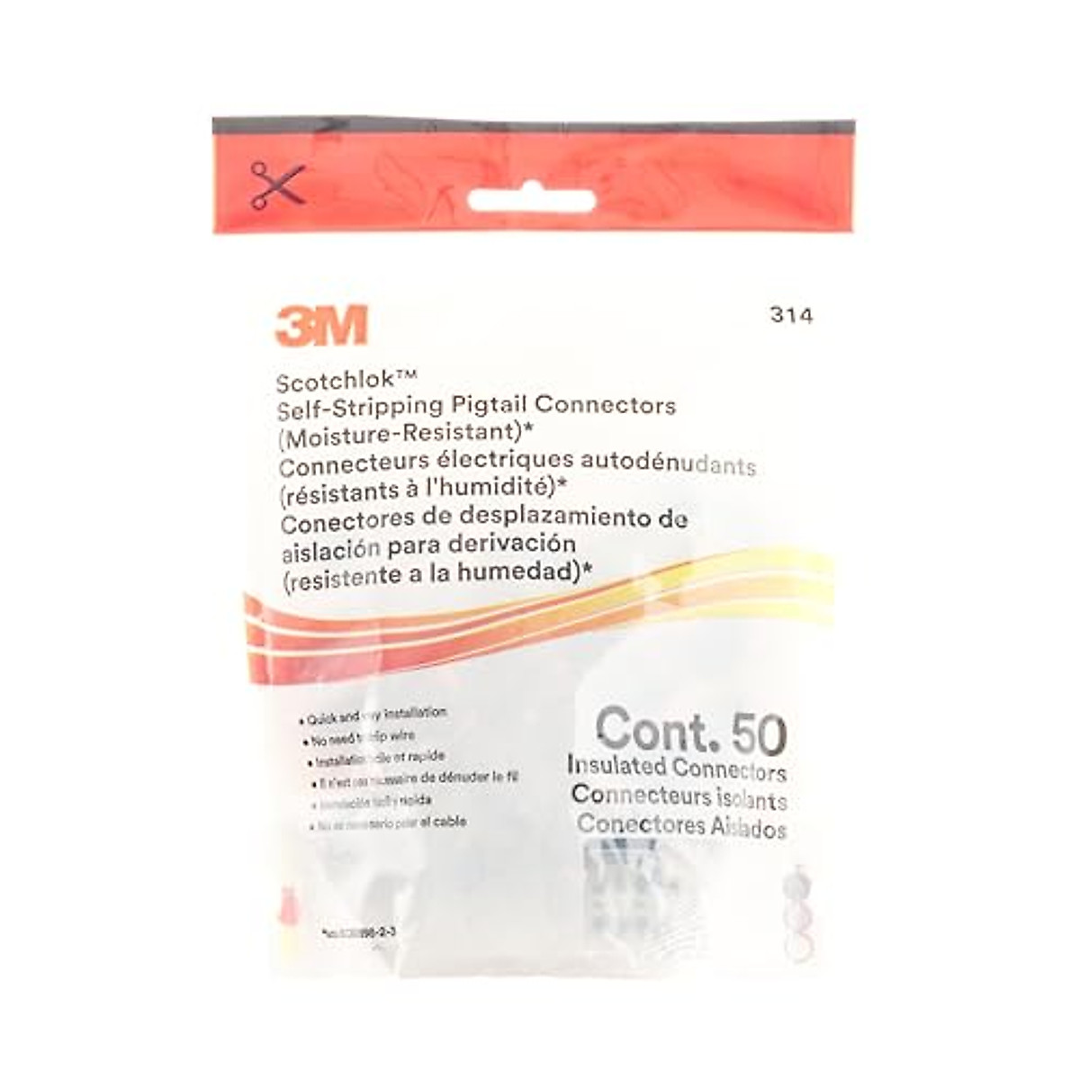 3M Scotchlok Electrical IDC (Insulation Displacement Connector) 314-BOX, Pigtail, Self-Stripping, Moisture-Resistant, Blue, 22-14 AWG (solid/stranded), Pack of 50