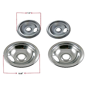 KITCHEN BASICS 101 Made in the USA 316048413 & 316048414 Range Burner Chrome Drip Pans Replacement for Frigidaire Kenmore Electric Stove w/Locking Slots, 2 Small 6-Inch & 2 Large 8-Inch Pans, 4 Pack