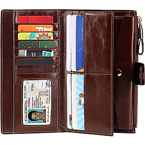 Itslife Womens Wallet RFID Blocking Large Capacity Luxury Wax Genuine Leather Wallets Clutch Wallet Ladies Card holder, Coffee