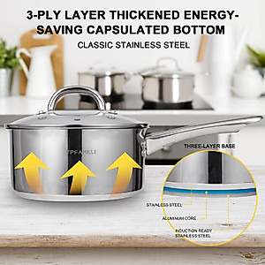 TPFAMELI 1 Quart Saucepan with Lids, Small Saucepan Stainless Steel Tri-Ply Layer Thickened Bottom Sauce Pan Sauce Pot,Dishwasher Safe & Oven Safe (1QT)