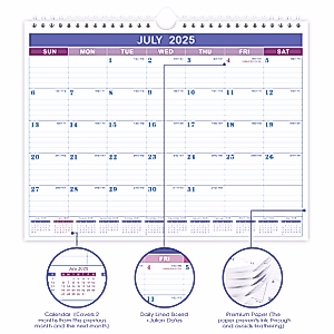 2025-2026 Wall Calendar - 2025-2026 Calendar, Jul.2025 - Dec. 2026, 11" x 8.5", 18 Monthly Calendar 2025-2026, Hanging Hook + Ruled Blocks - Purple