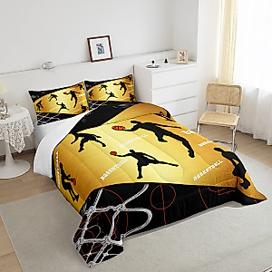 Sports Themed Comforter Sets for Teens Youth,Golden Black Basketball Bedding Sets Kids Gift,Basketball Player Sketch Duvet Insert,Geometric Ball Game Pattern Down Comforter with 2 Pillow Shams,King