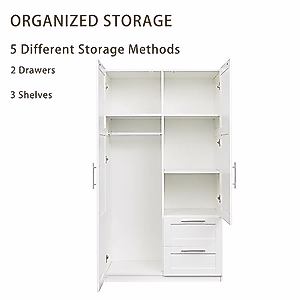 RIDFY Wardrobe Closet with 2 Doors,High Wardrobe and Kitchen Cabinet with 2 Drawers and Storage Shelevs,Bedroom Armoires with Hanging Rod, Foldable Clothes Organizer (40”W x 20”D x 71”H) (White)