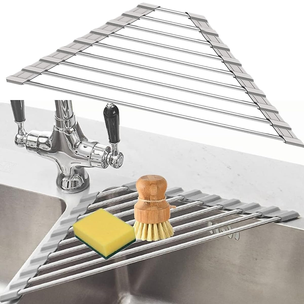 Fafcitvz Triangle Dish Drying Rack Multipurpose Roll-up Drying Rack for Sink Corner Stainless Steel Over The Sink Corner Dish Drainer Mat for Kitchen (Grey)