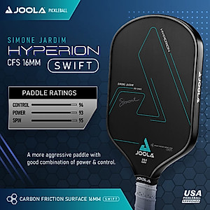 JOOLA Simone Jardim Hyperion CFS Swift Pickleball Paddle - USAPA Approved for Tournament Play - 16mm Carbon Fiber Pickle Ball Racket - Maximum Speed with High Grit & Spin, CFS 16mm Swift