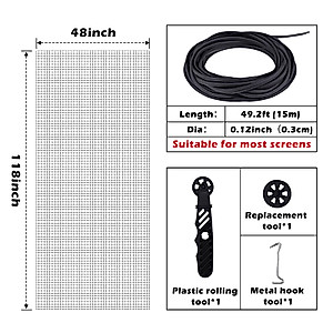 HTVRONT Window Screen Replacement and Screen Repair Kit for Windows or Doors, 48"*118" Window Screen Roll with Rolling Tool/Hook/Spline, Screen Door Repair Kit-Black