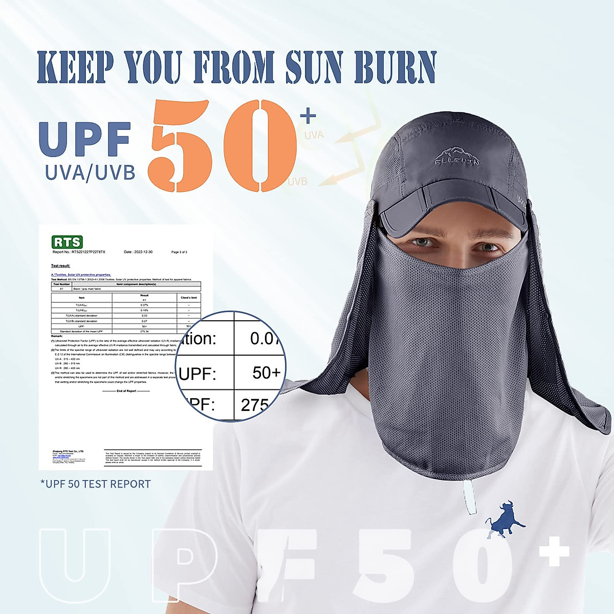 ELLEWIN Outdoor Fishing Flap Hat UPF50 Sun Cap Removable Mesh Face Neck Cover, D-grey/ Mesh Neck Cover, M-L-XL