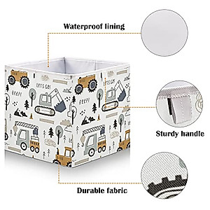 AMmao Cute Truck Tractor Bulldozer Excavator Open Storage Basket Bins Cube Fabric Toy Cloth Gifts Closet Storage Bins Foldable Shelf Basket for Home Bedroom Nursery Decorative, 11X11In