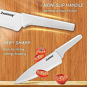 Zusisuy White Professional Kitchen Knife Chef Set, Kitchen Knife Set Stainless Steel, Kitchen Knife Set Dishwasher Safe with Sheathes