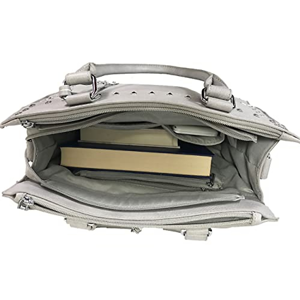 Zzfab Medium Studded Gun Purse Leatherette Locking Concealed Carry Bag Light Grey