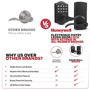 Honeywell Safes & Door Locks - Keyless Entry Lever Door Lock Handle with Electronic Keypad - Easy to Install Front Door Lock with 50 User Pin Codes - Oil Rubed Bronze, 6.5 x 8.8 x 9 in - 8734401