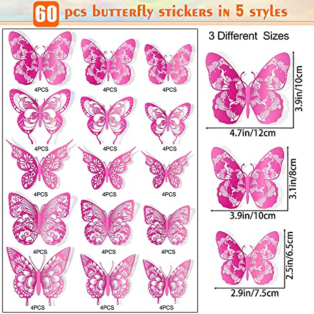 3D Butterfly Wall Decor 60pcs 5 Styles 3 Sizes Butterflies Wall Sticker Removable DIY Hollow PVC Butterfly Wall Decals for Kids Baby Bedroom Girls Teens Nursery Classroom Wedding Birthday Cake Party