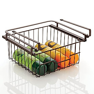 mDesign Compact Hanging Pullout Drawer Basket - Sliding Under Shelf Storage Organizer - Metal Wire - Attaches to Shelving - Easy Install - for Kitchen, Pantry, Cabinet - Bronze