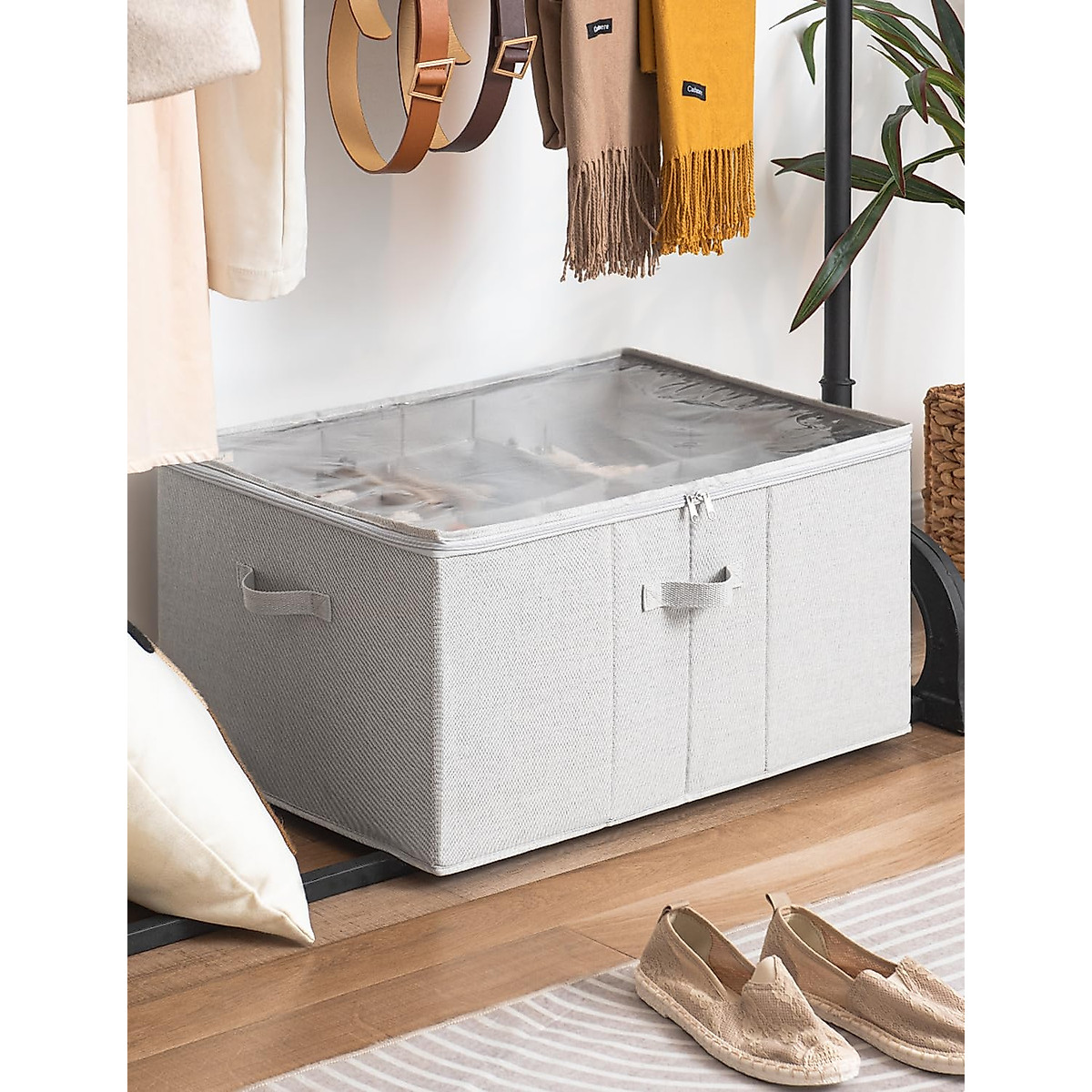 StorageWorks Shoe Organizer for Closet, Extra Large Fabric Shoe Storage Bins with Clear Cover, Adjustable Dividers for Shoe Storage, Grey, 1-Pack, Fits up to 24 Pairs