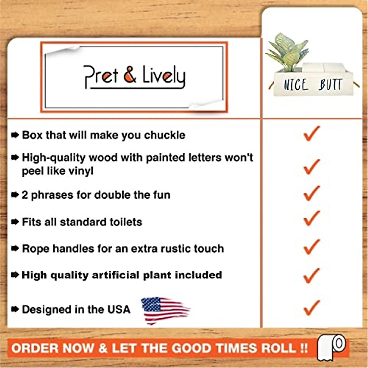 Pret & Lively Farmhouse Box, Nice Butt, Hello Sweet Cheeks,Home Decor, Storage Basket, Toilet Paper Holder, Funny Gift, Diaper Caddy, Cute Signs, Rustic Wooden Crate with Rope Handles, White