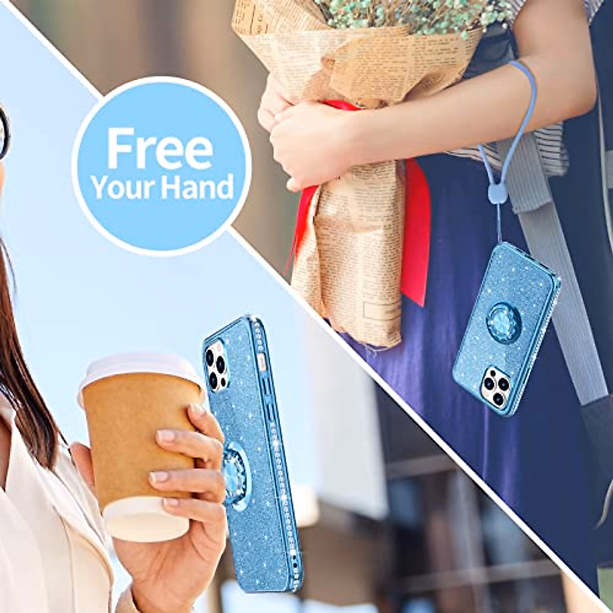 OCYCLONE iPhone 13 Pro Max 6.7" Glitter Case - Sparkle Diamond Cover with Ring Stand for Women & Girls - Blue