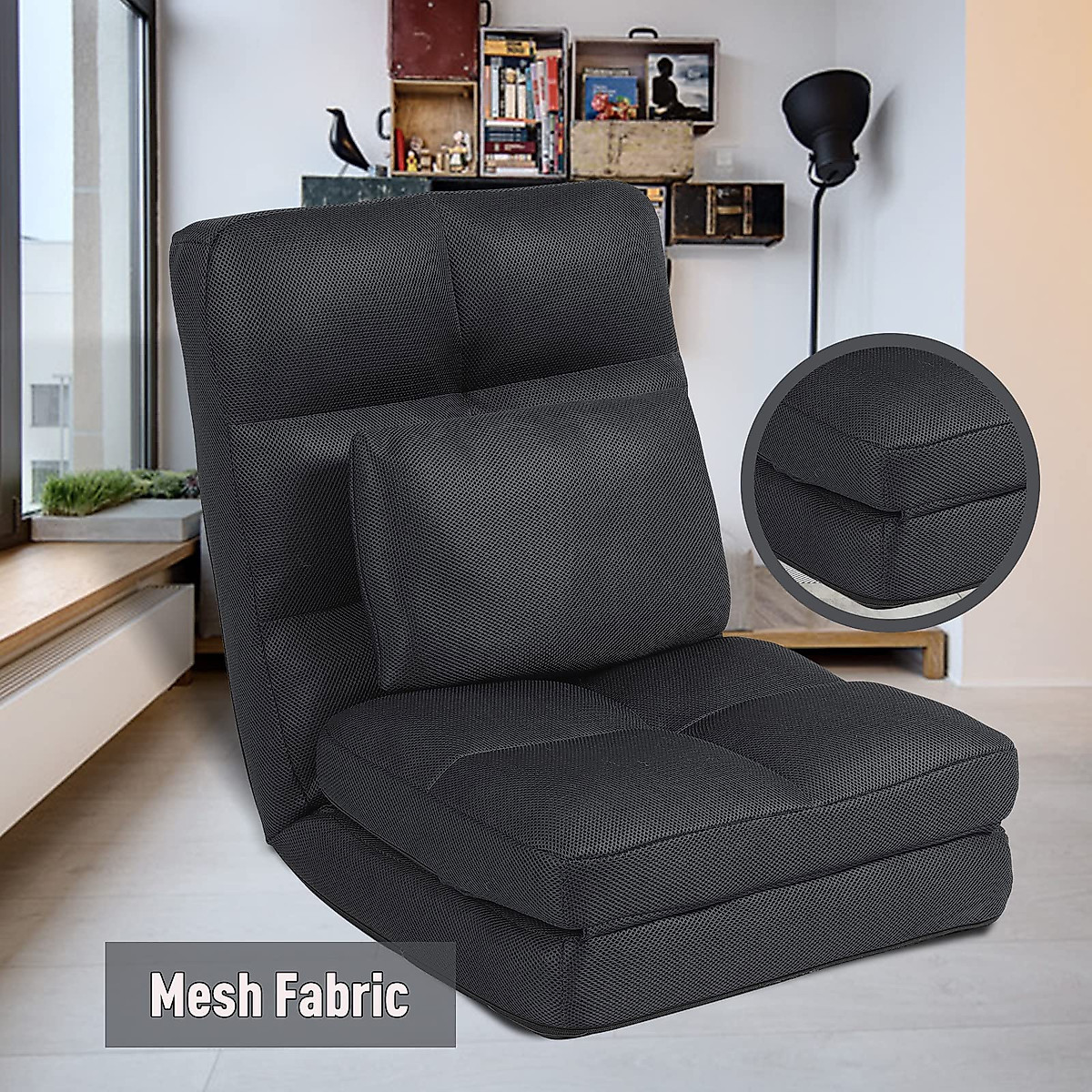 Urnodel Indoor Chaise Lounge Sofa, Floor Chair with Back Support for Adults, 14 Angle Adjustment Recliner Chair, Folding Floor Lounger with Pillow 8823(Grey)