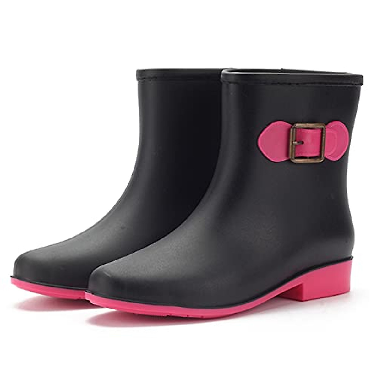 Toe Boots Women Low-Heeled Middle Shoe Rain Buckle Waterproof Round Women's Rain Shoes Craftsmen Work Boots Mens (Hot Pink, 9)