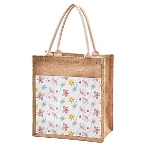 Jute Burlap Tote Bag Floral Flowers Leaves Rustic Country Garden Pink Yellow Large Capacity Reusable Grocery Shopping Storage Bag