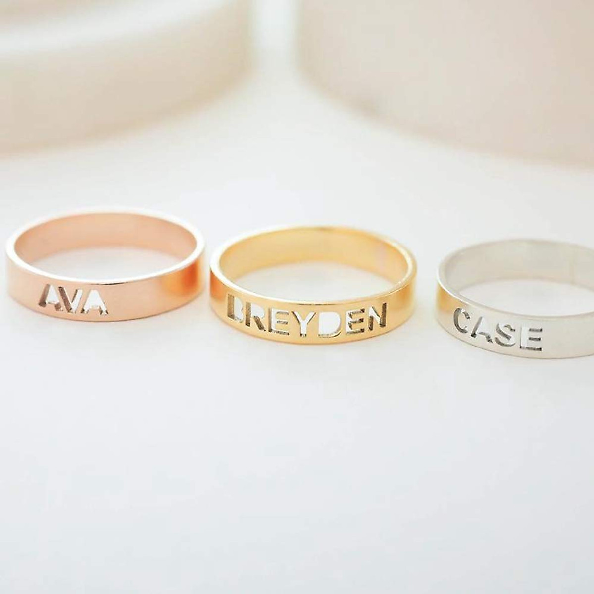 LONAGO Personalized Name Ring Custom Name Plate Stacking Ring Engrave Any Names Initial Ring for Women (Gold Plated Copper in silver color)