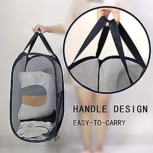 Plehoth Mesh Popup Laundry Hamper Large Collapsible Laundry Basket Width Side Pocket & Handles Foldable Clothes Hamper for Collage Dorms, Kids Rooms or Travel (Black)