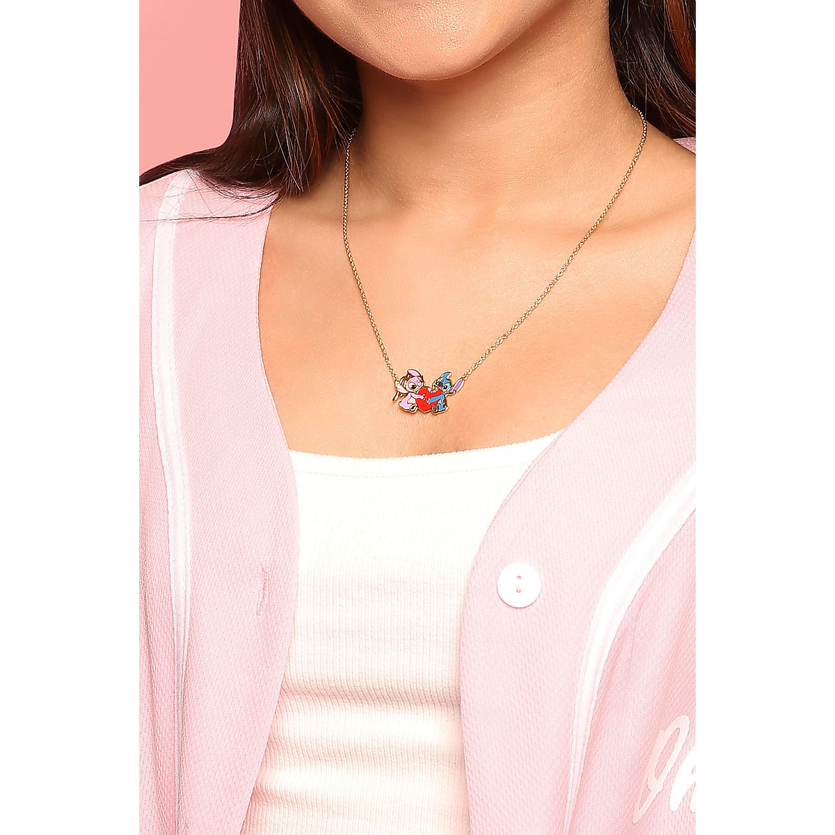 Disney Womens Stitch and Angel Heart Pendant Necklace 18" - 18kt Flash Plated Stitch Necklace Officially Licensed