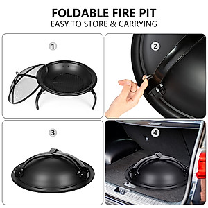22'' Foldable Mini Fire Pit for Outdoor, Portable Small Outdoor Fire Pit Wood Burning Stove W/Mesh Spark Screen,Round Fire Pit Bowl Grill for Camping Party BBQ Patio Beach
