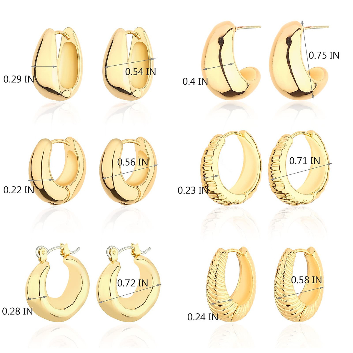 Wgoud Chunky Huggie Earring 14K Gold Hoop Earrings for Men Women Hypoallergenic, Thick Twist Earring (6 Prs Chunky Gold)