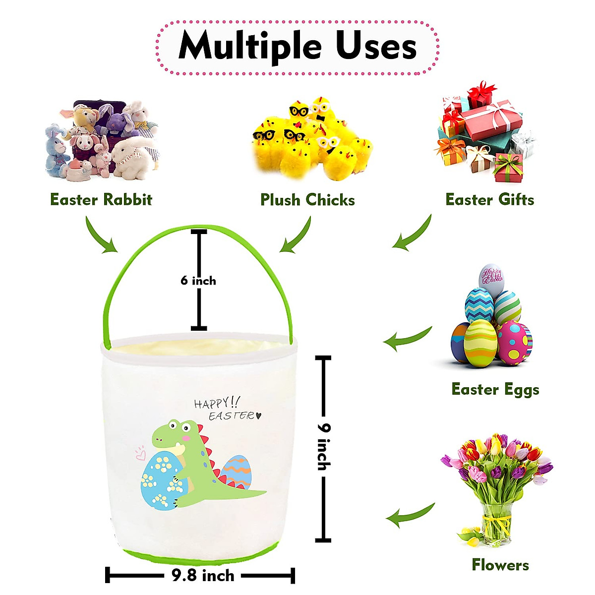 Cerlaza Easter Gift Basket Empty for Kids Canvas Tote, Easter Dinosaur Holding Eggs Hunt Basket with Handle for Toys Carrying, Cute Design Cotton Basket for Easter Party Supplies