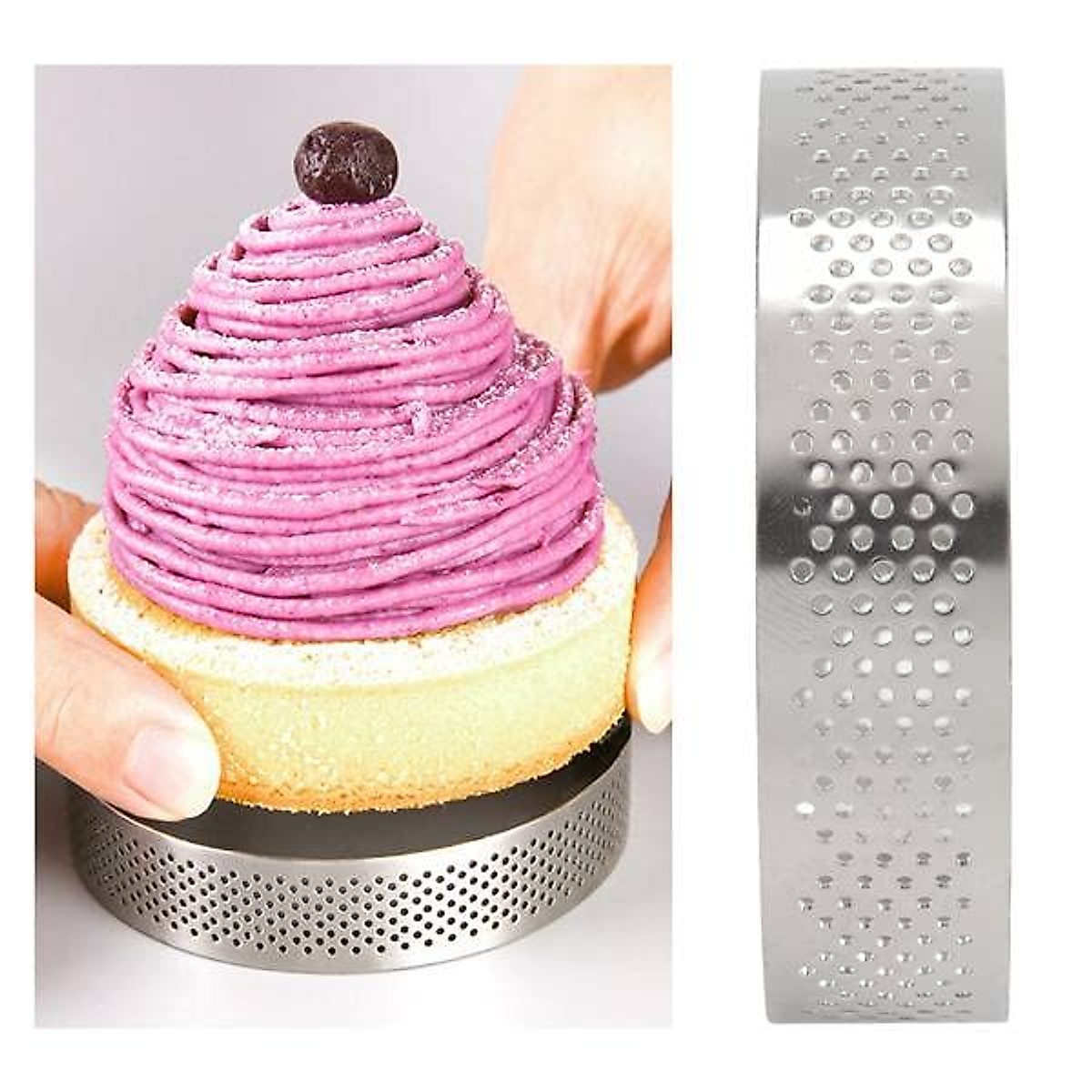 Exogio 10Pcs Circular Tart Ring 8 cm, Stainless Steel Porous Tart Bottom Ring, Heat-Resistant Perforated Pie Cake Mousse Mould Baking for Kitchen, Dessert Making
