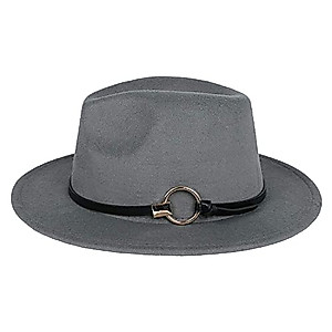 DT DANTIYA Women's Vintage Wide Brim Felt Fedora Hat Wide Brim Panama Hats with Belt Metal Buckle Light Grey