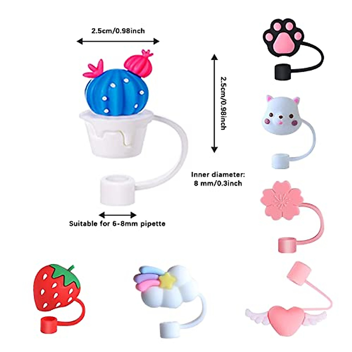 12 Pack Reusable Silicone Straw Tips Cover for 6 to 8 mm Straws, Portable Cute Straw Caps Covers Creative Straw Plug Drinking Dust Cap for Home Kitchen Accessories…