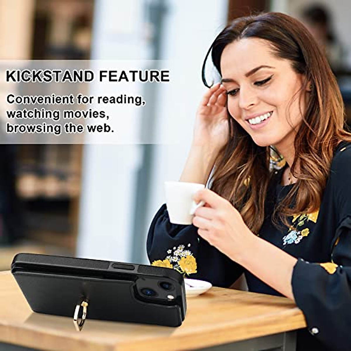 Folosu Compatible with iPhone 14 Case Wallet with Card Holder, 360°Rotation Finger Ring Holder Kickstand, RFID Blocking Leather Protective Double Buttons Shockproof Cover 6.1 Inch Black