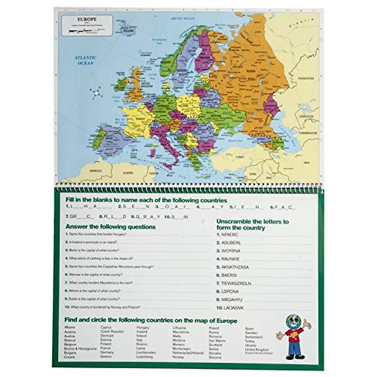 Painless Learning Educational Workbook Eight Geography Full Color Detailed Laminated Maps USA,World,Canada,Mexico,South America,Europe,Africa and Asia