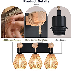 ILLMTW 3-Light Bathroom Vanity Lights Over Mirror,Farmhouse Wood Vanity Light Fixtures for Bathroom,Boho Rustic Adjustable Color with Woven Rattan Wicker Wall Sconces for Hallway Bedroom Living Room