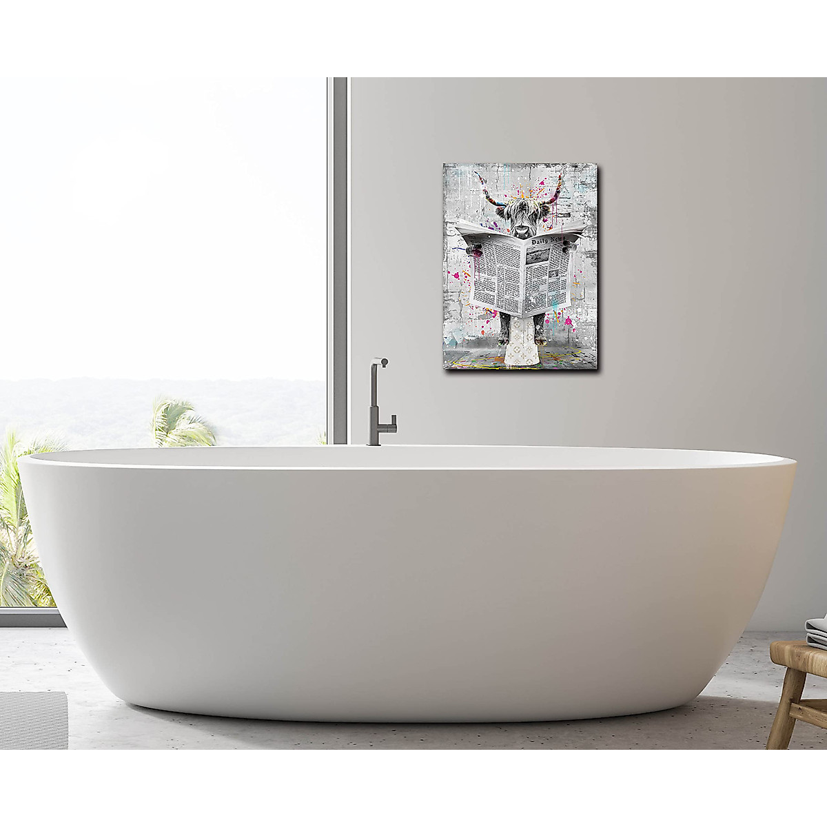 GUGIKA Highland Cow Canvas Wall Art for Bathroom, Funny Graffiti Bedroom Wall Decor, Black and White Painting for Living Room, Restroom Picture, 12x16 Inch