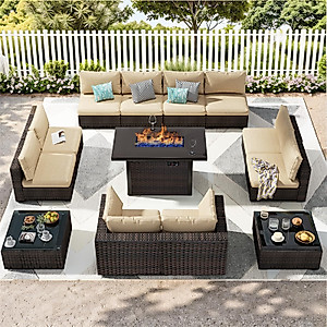 Outdoor Patio Furniture Set with Fire Pit Table, 13 Pieces Outdoor Furniture Set Patio Sectional Sofa w/42in Propane Fire Pit, PE Wicker Rattan Patio Conversation Sets - Beige