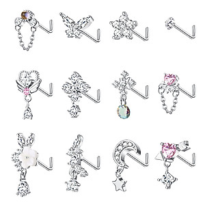 THUNARAZ 12Pcs 20G Dangle Nose Rings Studs L Shaped for Women Stainless Steel Nose Studs Cross CZ Butterfly Heart Flower Dangling Nose Piercing Jewelry